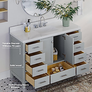 ARIEL 54" Grey Bathroom Vanity Base Cabinet, Single Sink Configuration, 2 Soft Closing Doors, 9 Full Extension Dovetail Drawers, Brushed Nickel