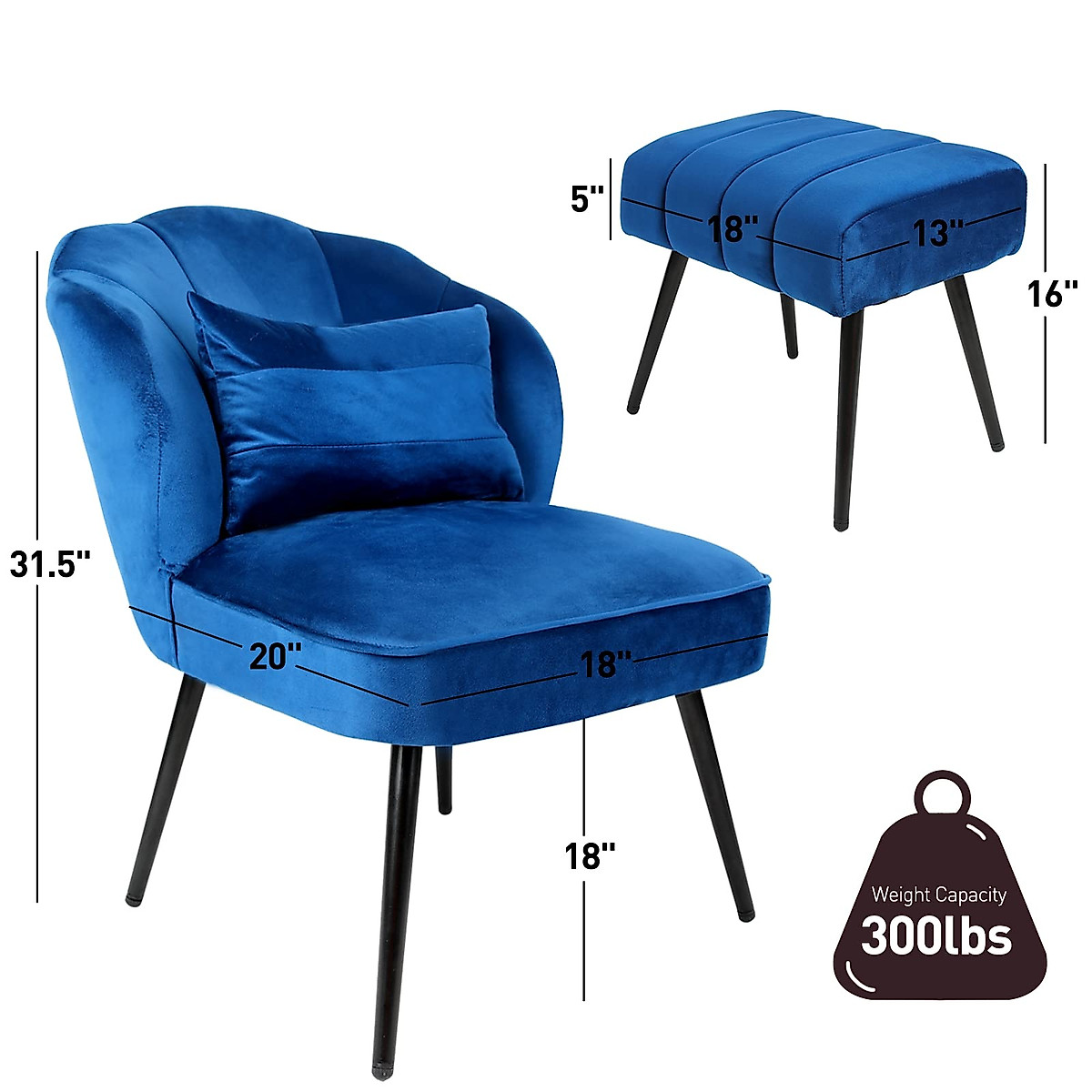 NO MORE TAG Velvet Living Room Chair with Ottoman, Accent Chair with Footstool, Blue Accent Chair, Velvet Chair and Ottoman Set, Chair Without Armrest