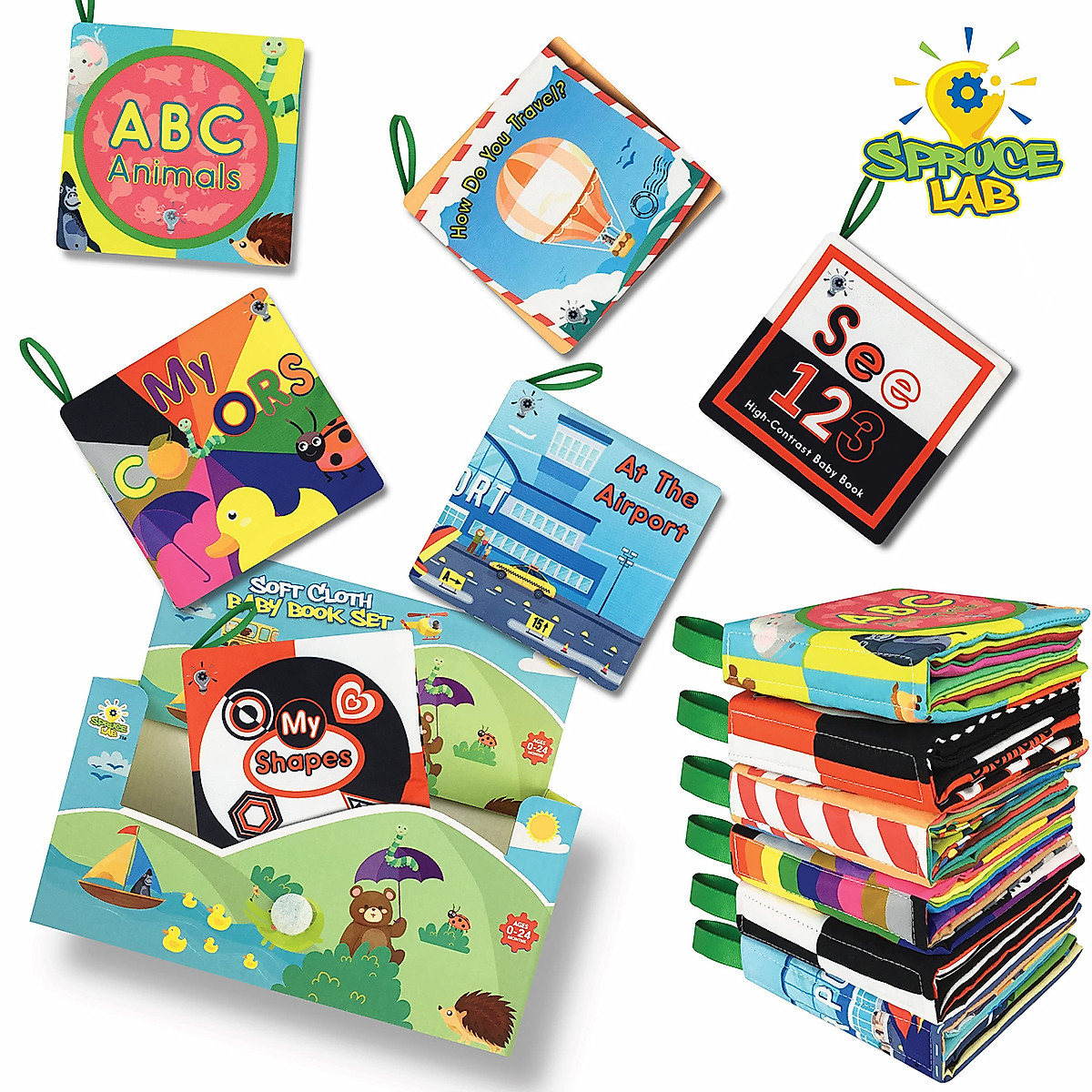 Spruce Lab Educational Soft Baby Books - 6 Cloth Book Set - Early Learning Sensory Development for Babies - Crinkle Touch and Feel Toddler Toy - High Contrast Infant Toys - Boy/Girl Baby Shower 0-2 yr