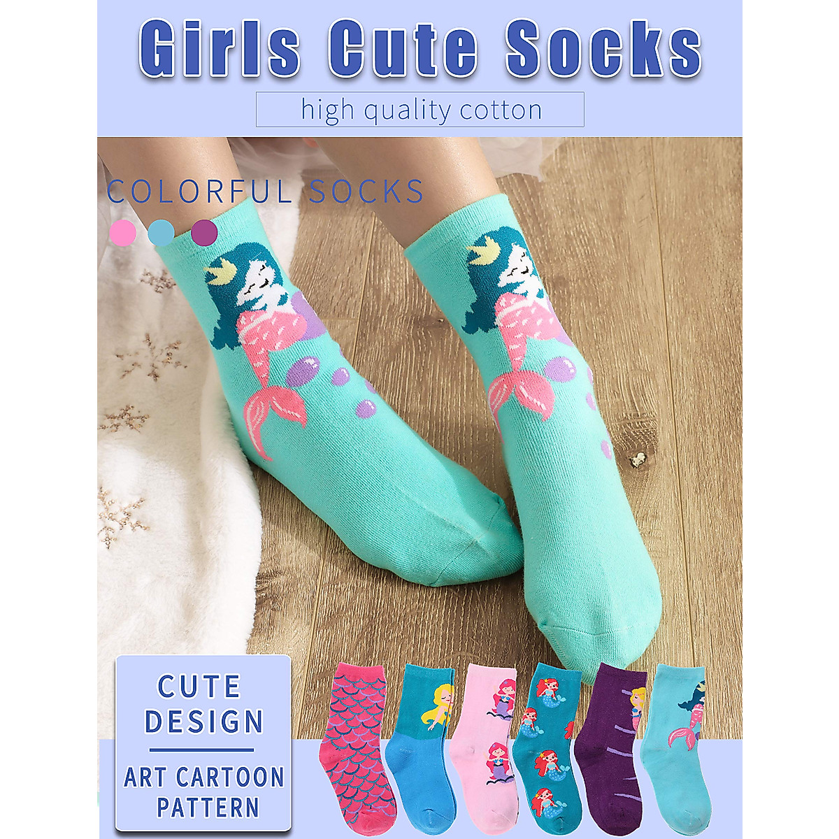 Anlisim Girls Fashion Cotton Crew Cute Mermaid Shorty Socks 6 Pack (Mermaid, 5-8 Years Old)
