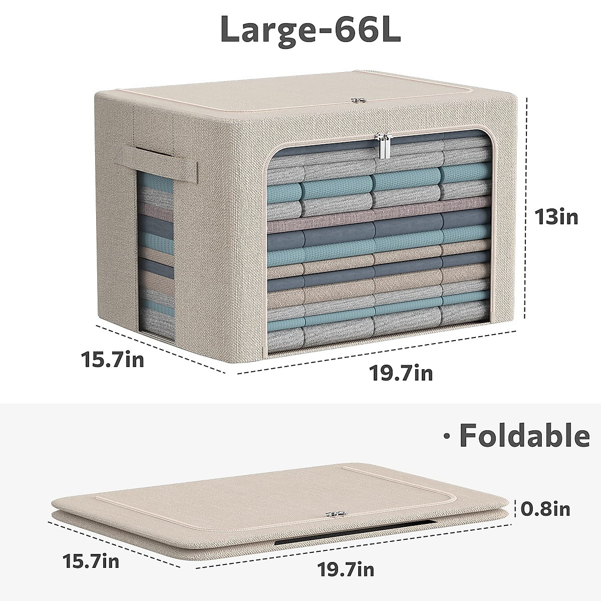 3Pack Foldable Storage Bins - Frame Storage Box Linen Fabric Stackable Clothes Container Organizer with Clear Window & Carry Handles Large Capacity (Large-66L, Beige)