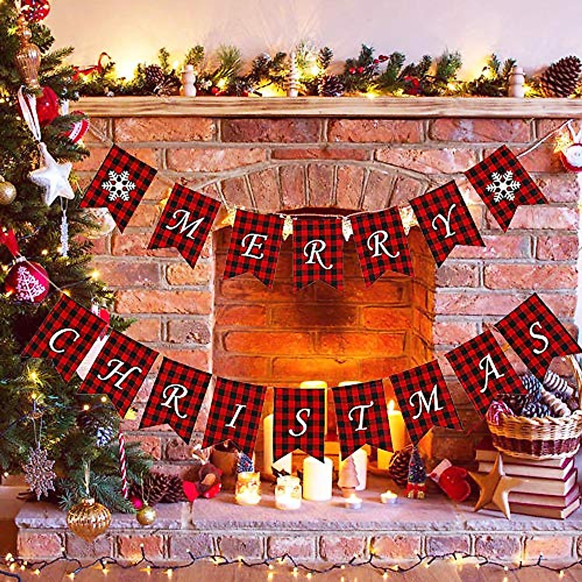 Jolik Merry Christmas Banner with Two Snowflake Flags - Buffalo Plaid Banner Decoration for Fireplace Wall Tree Christmas Decoration