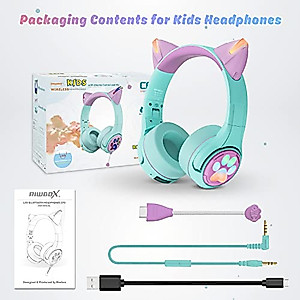 Riwbox CF9 Cat Ear Kids Bluetooth Headphones with LED Light Up,Safe 85dB Volume Limit,Built-in Mic&Boom Mic for Calls,Kids Wireless&Wired Headphones for Girls/Toddler/Online Learning/School (Green)