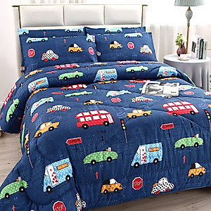 MAG 3Pcs Cartoon Car Bedding Comforter Set, Blue Cute Base Twin Comforter Set,for Toddlers Kids,Boys Teens and Girls,Super Soft Microfiber, Twin Size