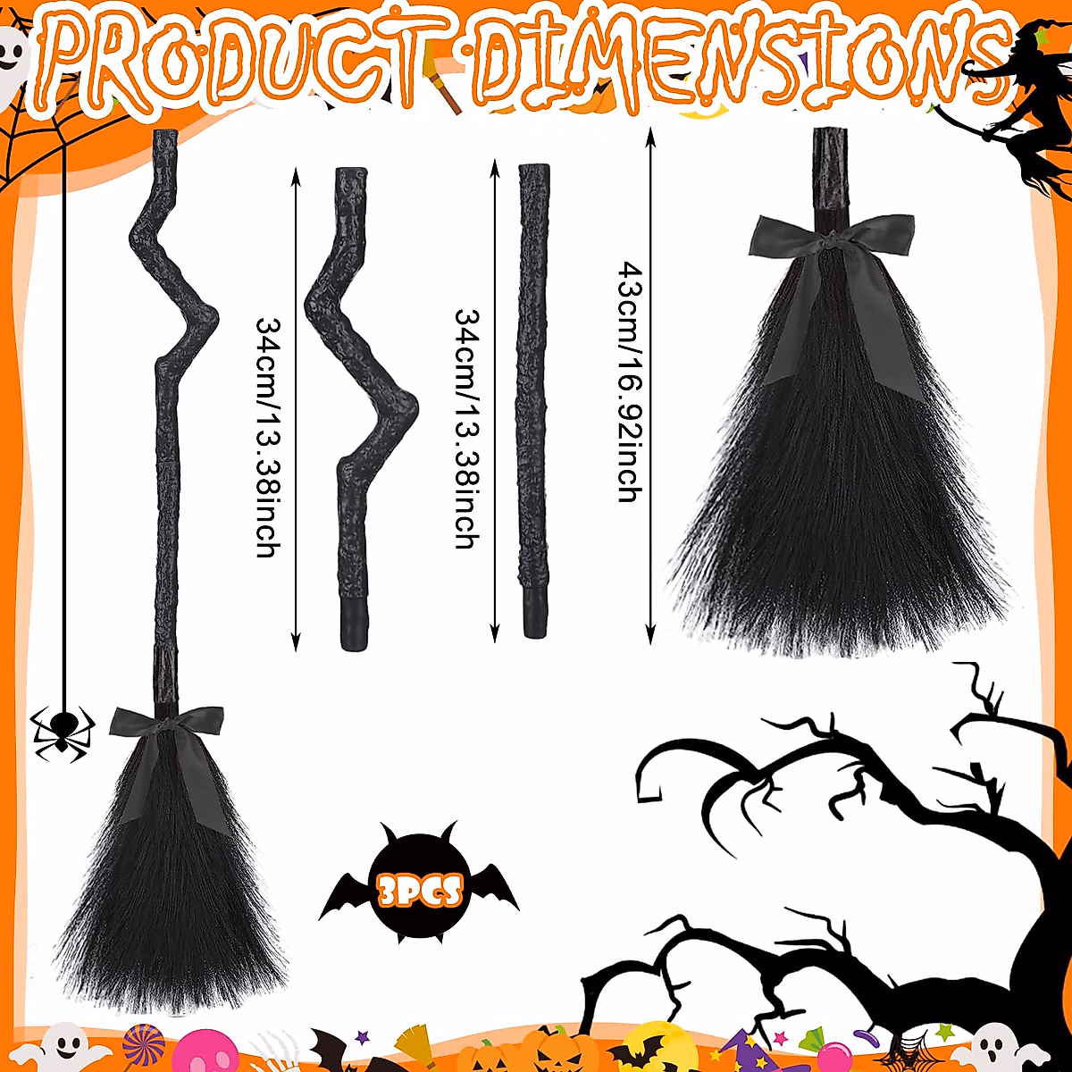 Liliful 3 Pcs Halloween Witch Broom Witch Broomstick with Ribbon Wizard Broomstick Halloween Decor for Kids and Adults, Party Cosplay Costume Accessories