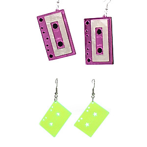 CutieJewelry Cassette Tape Dangle Cute Pretty Earrings 2 PAIRS (Lilac and Neon Yellow)