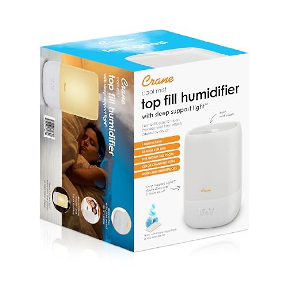 Crane Ultra-Quiet 3-in-1 Humidifier, Essential Oil Aroma Diffuser & Soothing Sleep Light - Compact 1 Gallon Capacity with Adjustable Night Light & Fragrance Tray - Ideal for Bedroom and Office