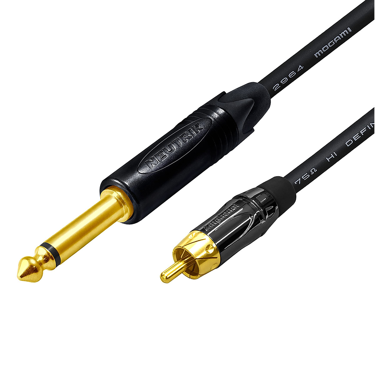 WORLDS BEST CABLES 1 Foot – TS to RCA Cable – Mogami 2964 Audio Interconnect Cable & Neutrik NP2X-B & Amphenol ACPL-CBK Gold Plugs - CUSTOM MADE