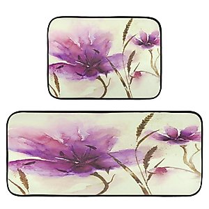 xigua 2 Pieces Purple Flower Kitchen Rugs and Mats Set Absorbent Soft Microfiber Bath Mat Non-Slip Doormat Laundry Runner Set, 19.7"x47.2"+19.7"x27.6"