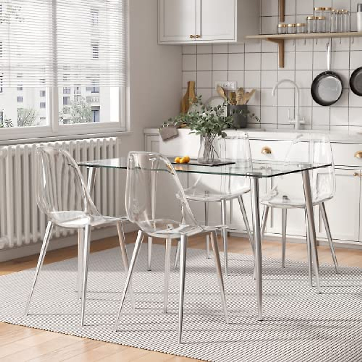 51 inch Glass Dining Table Set for 4, Dining Table & Chair Sets with Silver Plating Legs for Kitchen, Modern Rectangle Tempered Glass Table Top and Transparent Plastic Dining Chair for Dining Room