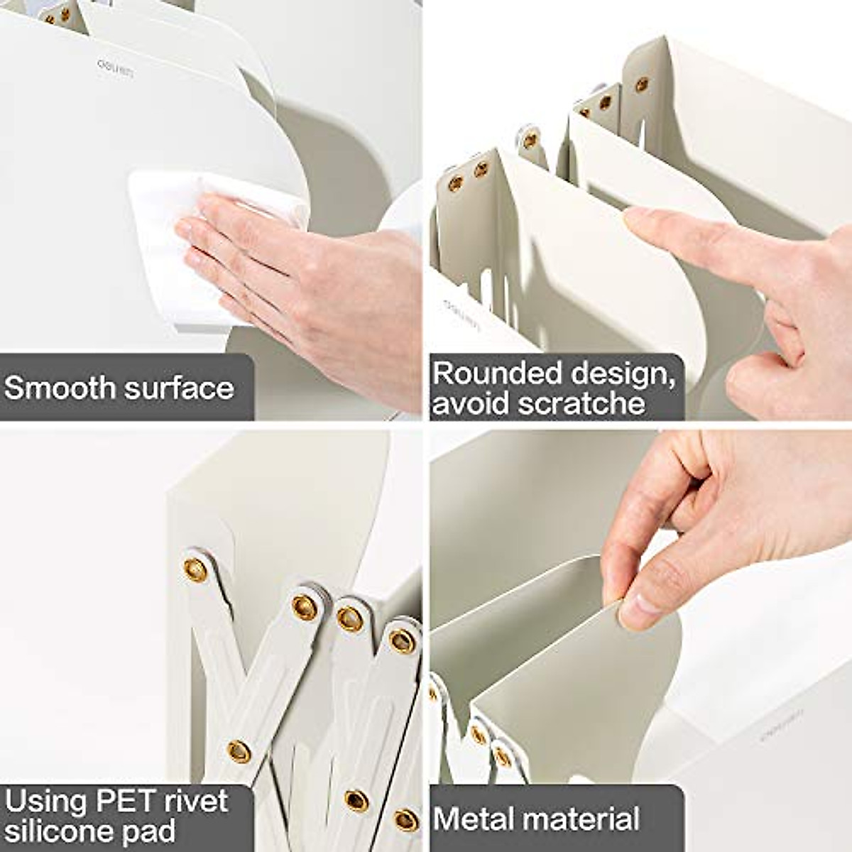 Deli Adjustable Bookend, Desk Magazine File Organizer Holder, Metal Book Ends for Heavy Books, Shelf, Office, Extends up to 19 inches, Creamy White