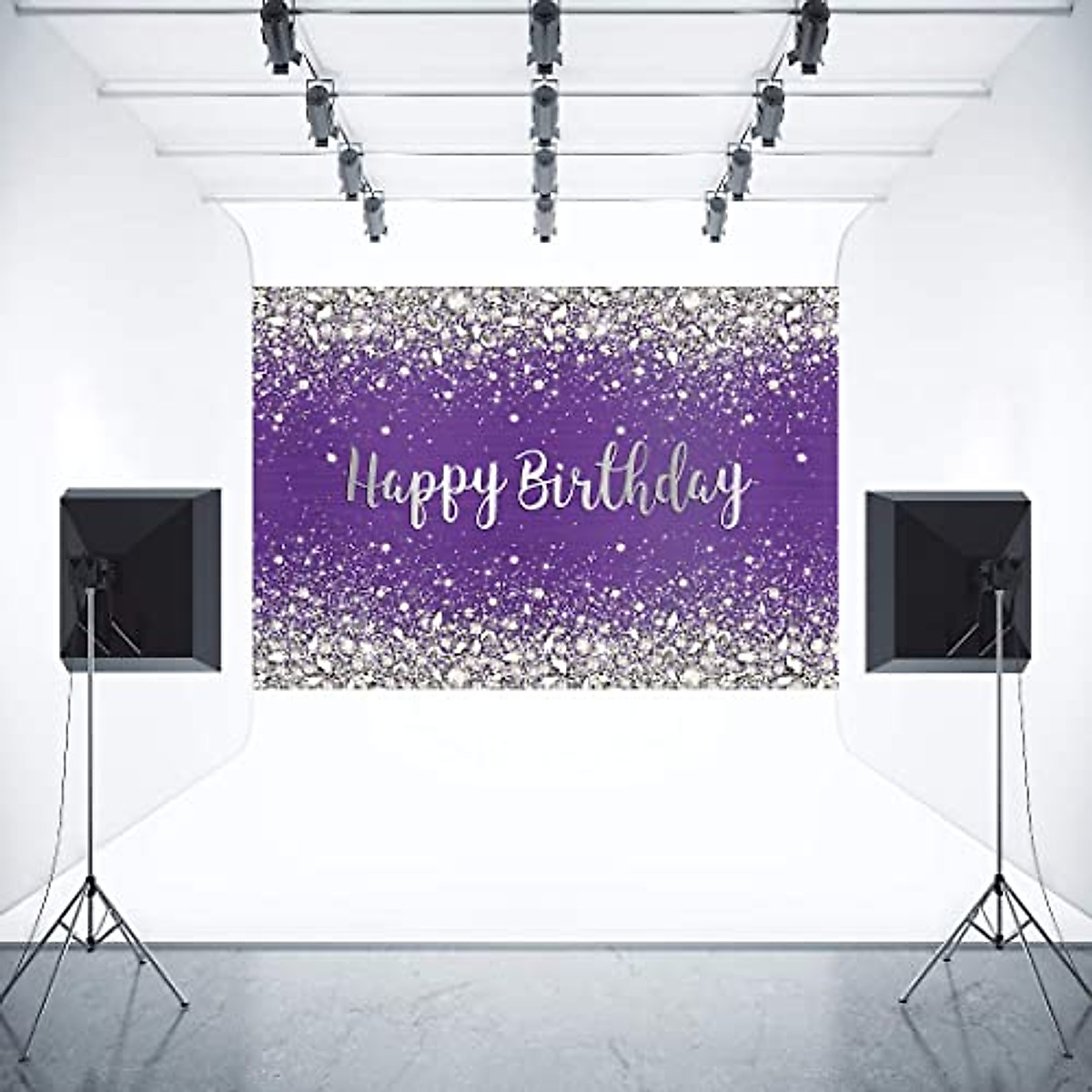 Aperturee 7x5ft Glitter Purple Diamonds Happy Birthday Backdrop Shinning Silver Bokeh Dots Women Girls Photography Background Sweet 16 Party Decorations Cake Table Banner Supplies Photo Booth Studio