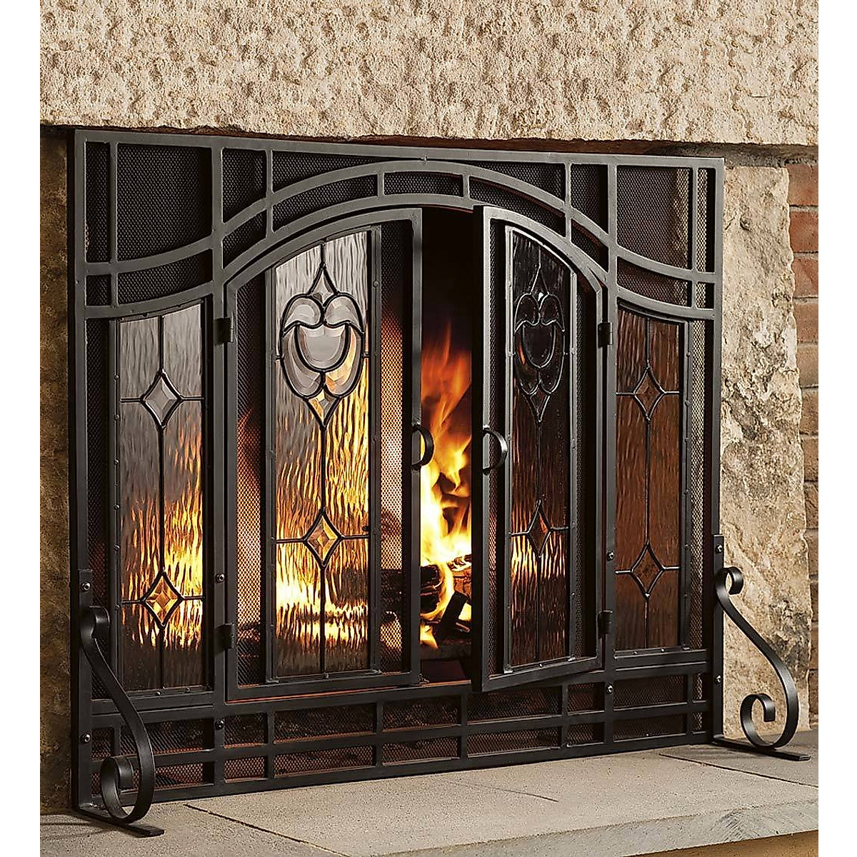 Plow & Hearth Metal Fireplace Screen Glass Floral Black | 44" W x 33" H | 2 - Door | Spark Guard Indoor Grate | Iron Fire Place Cover | Wood Burning Stove Decorative Accessories
