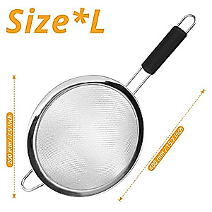 KUFUNG Stainless Steel Mesh Strainer - Strainers Fine Mesh & Wire Sieve with Non-Slip Handles - Kitchen Strainer For Sifting, Straining, & Draining (L, Black)