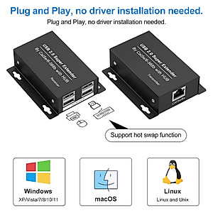 USB Extender Over Ethernet 200ft USB2.0 HUB RJ45 Cat5e/6 up to 480Mbps with Power Adapter Two Cameras Work in Sync Support Windows MacOS Android Linux