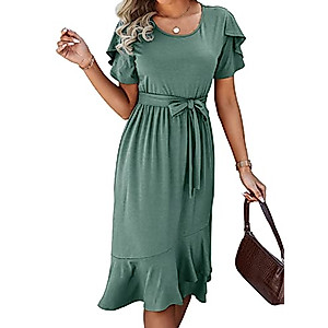 Dokotoo Womens 2023 Summer Spring Dresses Casual Wrap Round Neck Short Puff Sleeve Belt A-Line Ruffle Hem Formal Midi Dress Green Large