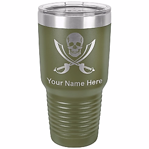 LaserGram 30oz Vacuum Insulated Tumbler Mug, Jolly Roger, Personalized Engraving Included (Camo Green)