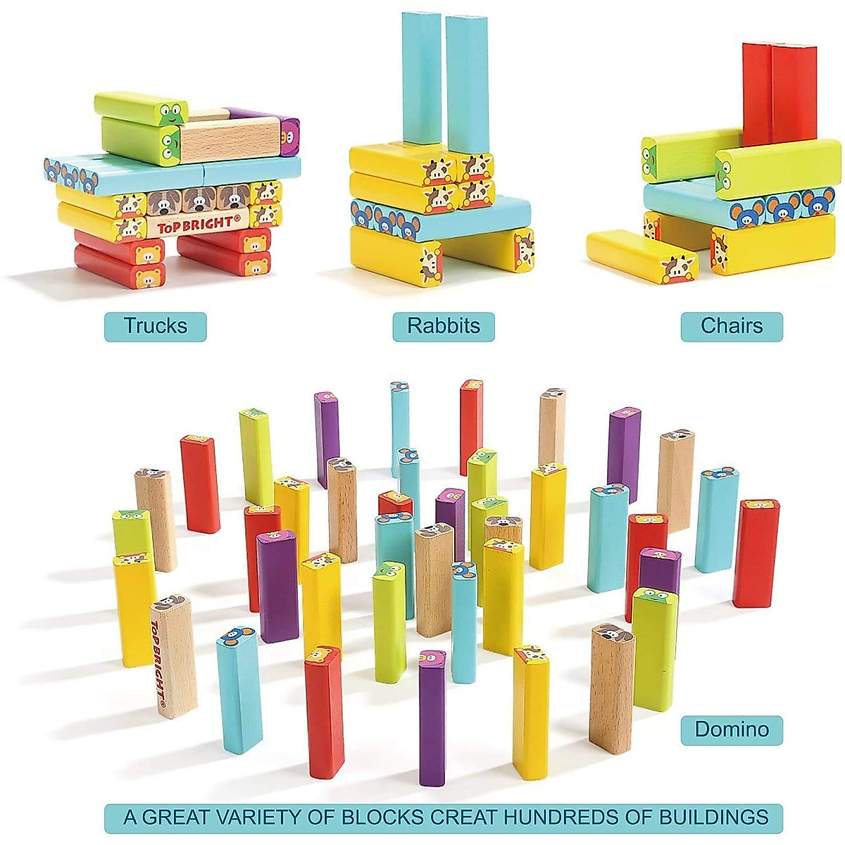 TOP BRIGHT Colored Wooden Stacking Games for Kids Toddler Building Blocks Fine Motor Skills Toy - 51 Pieces with Cards