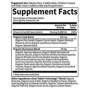 Garden of Life Organic Vitamin D - mykind Organics Vegan D3 Chewable - Raspberry Lemon, 2,000 IU (50mcg) Whole Food Vitamin D3 from Lichen Plus Food & Mushroom Blend, Gluten Free, 30 Chewable Tablets