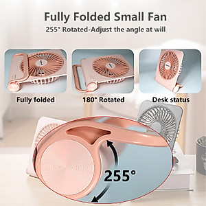 Digibond Pink Mini Desk Fans Small Quiet, 3000mAH Rechargeable High Power USB Fan for Desk Top/Office/Bedroom 4 Speed 5in 225° Rotated Foldable Easy Clean