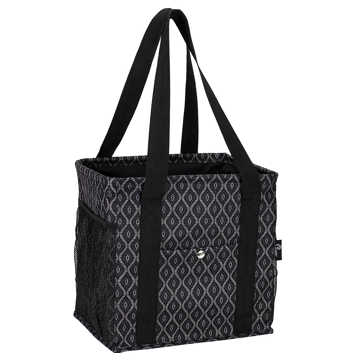 Pursetti Small Utility Tote Bag for Women with 4 Exterior Pockets - Perfect as Lunch Tote, Reusable Grocery Bags, Shopping Bags, Work Bag, Teacher Bag, and Nurse Bag (Black Trellis)