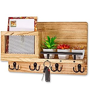 WallKeep Mail and Key Holder for Wall with Decorative Key Hooks - Wall Mount in Entryway, Mudroom or Office. Solid Wood Mail Organizer Floating Shelf Key Rack, Leash Holder and Key Hanger for Wall.