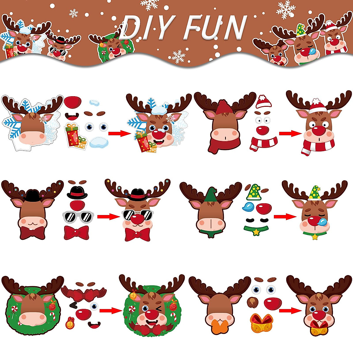 DIY Christmas Reindeer Tree Ornament Craft Kit for Kids Holiday Art Making Craft with Stickers, Make Your Own Xmas Reindeer Christmas Favor Decoration Home Classroom Party Game Activities