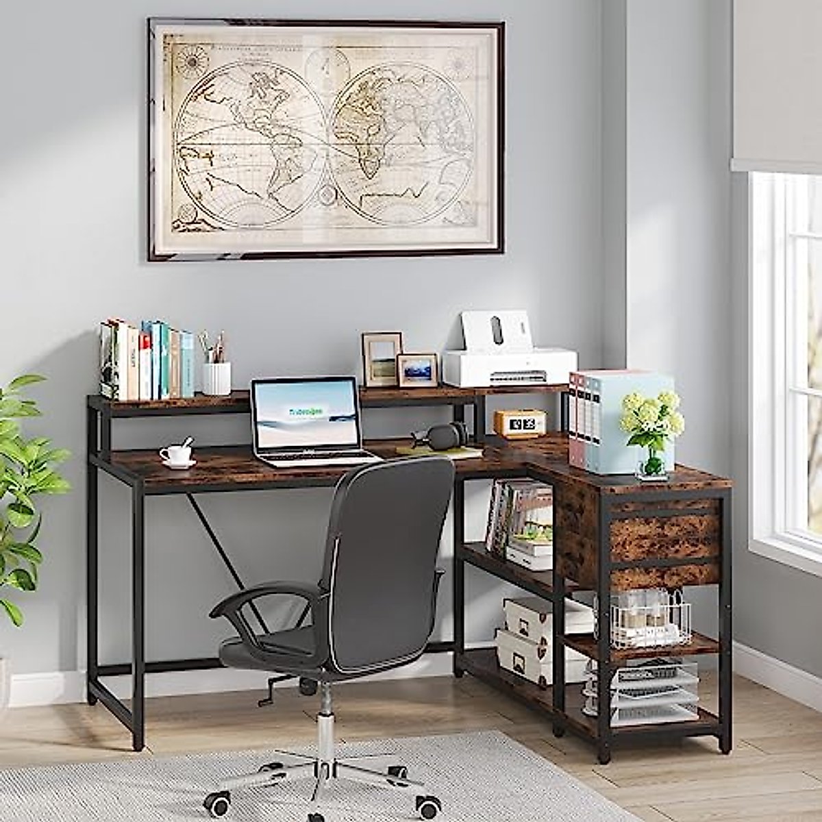 Tribesigns Reversible L Shaped Desk with Drawer, Industrial Corner Desk Home Office Table with Storage Shelves and Monitor Stand, Rustic Wooden and Metal PC Desk for Small Space (Rustic)