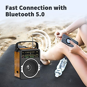 JEUJUG Portable AM FM Radio, Bluetooth 5.0 Radio 5 Watts Loud Speaker,Rechargeable FM Radio Built-in Rechargeable Battery/DC D*4 Cell Battery Operated & AC Power Plug in Wall Radio Retro