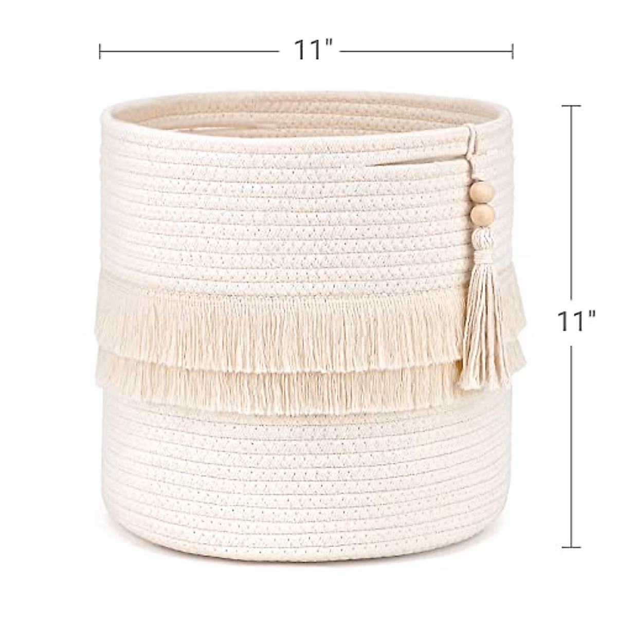 Dahey Macrame Decorative Cotton Rope Storage Basket Boho Nursery Decor Small Cute Woven Tassel Storage Bins Organizer with Wooden Bead for Baby Toys,blanket, Magazines, Living Room,Bedroom, 11"x11"