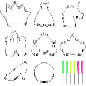 8 Pieces Princess Cookie Cutter Set with Crown, Dress, Castles, Unicorn Head Shapes Stainless Steel Fondant Biscuit Cutters and 6 Pieces Sugar Stirring Pins