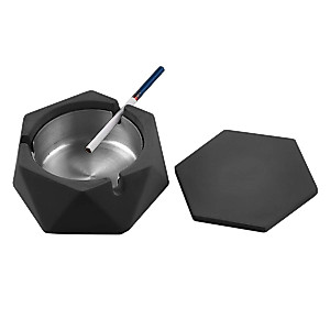 FREELOVE Concrete Ashtray with Lid & Stainless Steel Ashtrays for Cigarettes, Cement Ash Tray Weed Smoking Holder Indoor Smokeless Outdoor Windproof Patio Home Office Cool Decor, Dark Grey A