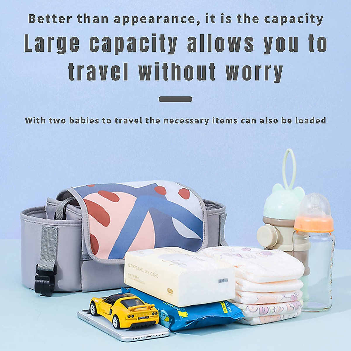 SPINSM Universal Stroller Organizer Bag with Insulated Cup Holder - Easy Access Wipes Pocket - Adjustable Shoulder Strap Fits for All Baby Stroller, Stroller accessories, Stroller Caddy (Black)