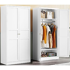 Metal Wardrobe Cabinet with Hanging Rod,White Armoire Wardrobe Closet,Metal Clothing Storage Cabinet with Adjustable Shelves and Doors,72" Wardrobe Storage Cabinet for Home,Living/Laundry Room