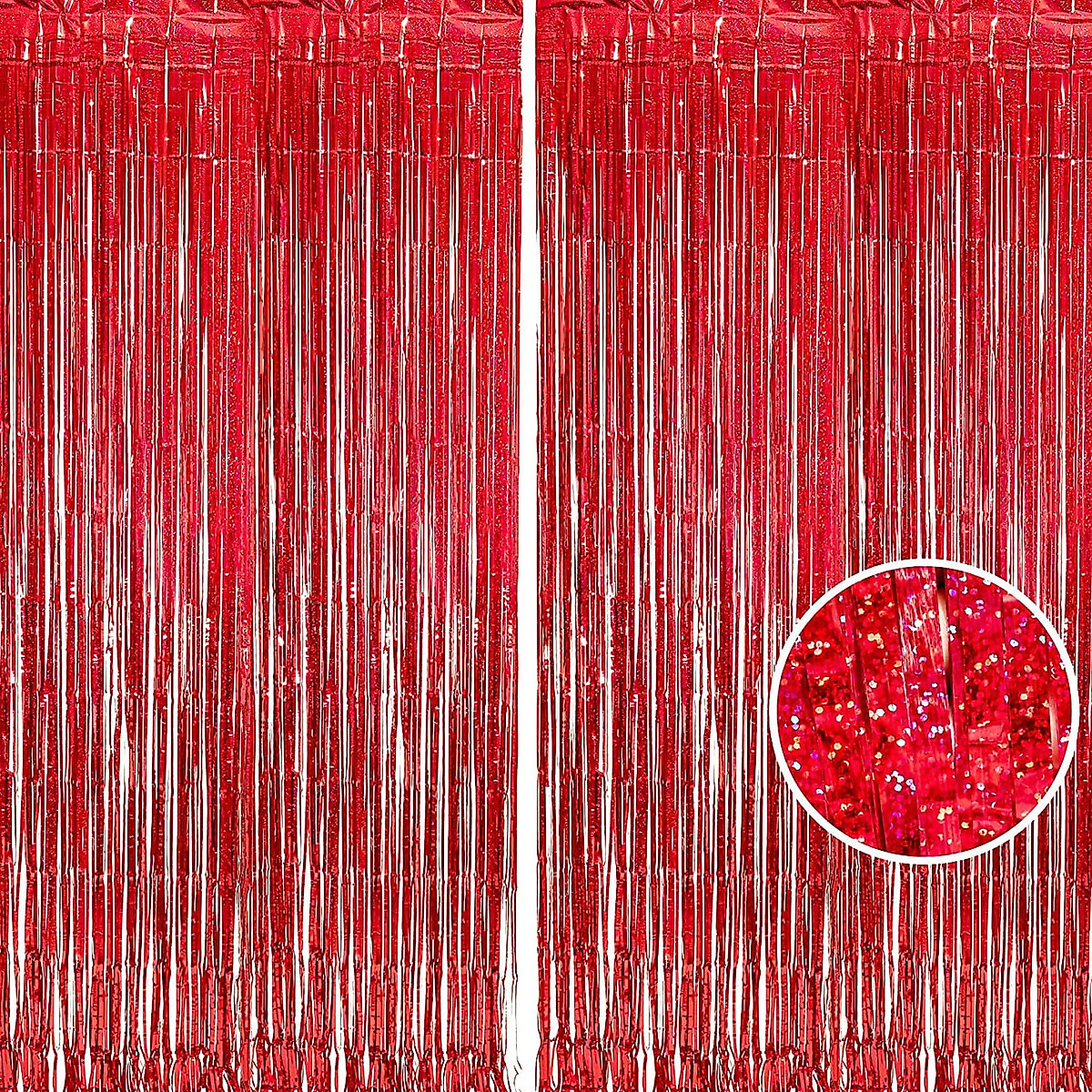 BRAVESHINE Red Tinsel Foil Fringe Curtains - 2Pcs 3.2x8.2ft Holidays Photo Booth Backdrop for Girls' Birthdays Valentine’s Day Christmas Bridal Bachelorette Anniversary Engagement Party