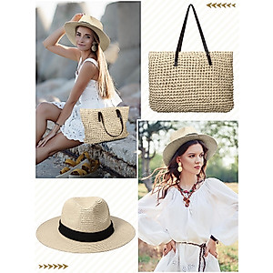 Straw Large Beach Bag for Women's Woven Beach Bag and Beach Hats Set Beach Earring Handmade Shoulder Bag Handbag Bohemia Set(Beige)