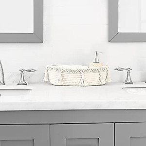 Mkono Small Macrame Storage Basket for Toilet Tank Top Boho Bathroom Decor Woven Cotton Rope Back of Toilet Organizer Tray for Counter Shelf Table Bedroom Living Room Nursery, Ivory, 1 Pack