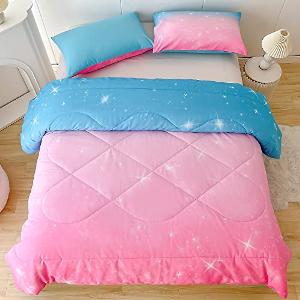 Rainbow Pink Glitter Stars Kids Comforter Set for Girls Queen Size Bedding Set 3 Piece Bed in A Bag Lightweight Quit Blue Gradient Sparkle Mermaid Galaxy Duvet Set for Kids Boys with 2 Pillowcases