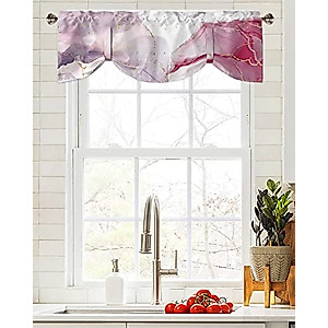 Tie Up Valance for Kitchen Windows, Abstract Marble Agate Texture Tie-up Curtain Shade Valances 42"x12" Rod Pocket Short Curtains Window Treatment for Living Room Pastel Theme Pink Purple White Gold