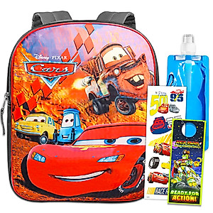 Disney Cars Backpack Set for Boys, Kids ~ Bundle with Deluxe 15 Inch Cars Lightning McQueen School Bag, Stickers, Water Pouch and Door Hanger (Disney Cars School Supplies)