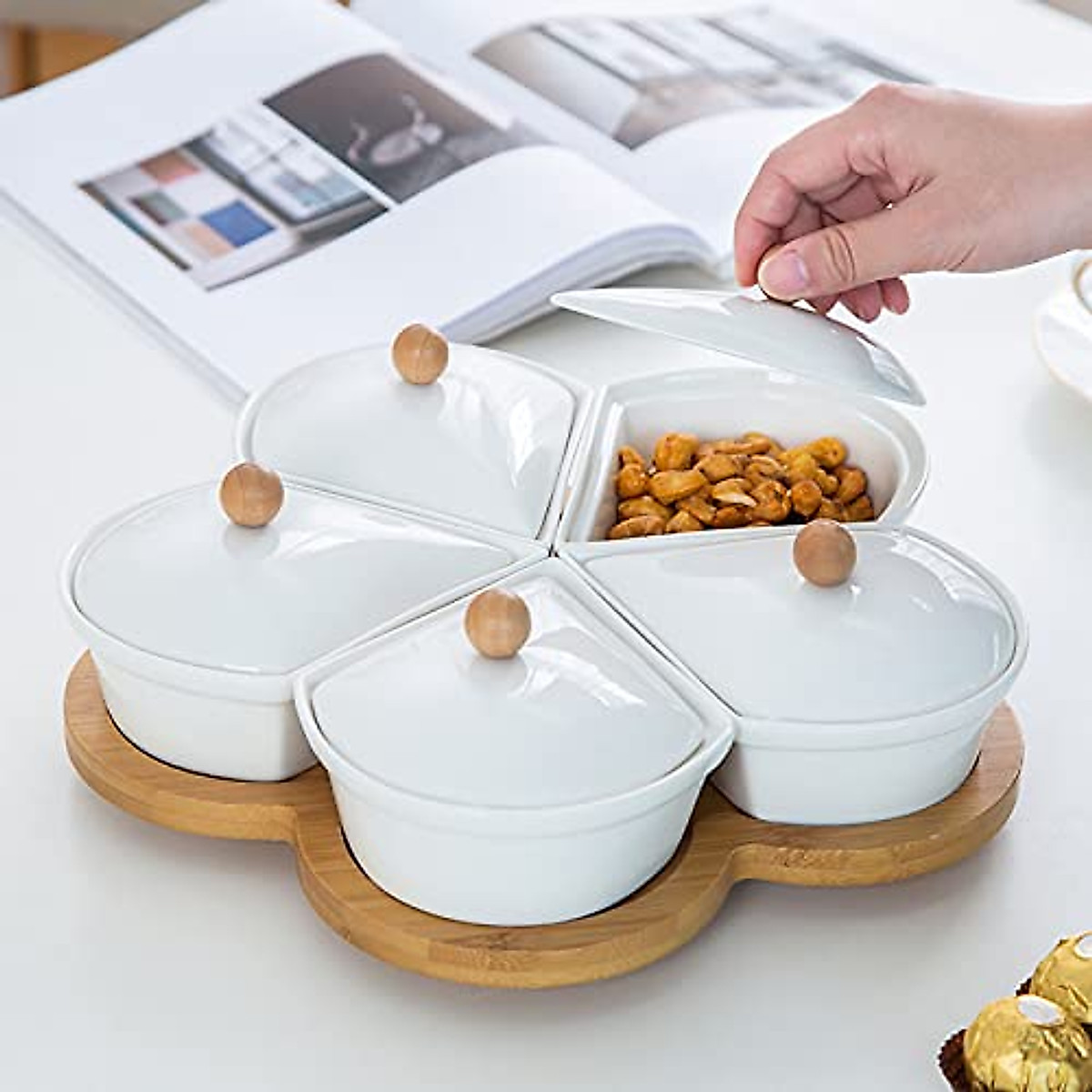 WMM 11 Inch Ceramic Divided Serving Dishes with Bamboo Tray and Lids, 5 Removable Snack Bowls Relish Tray for Candy, Nut, Fruits, Chips and Dip
