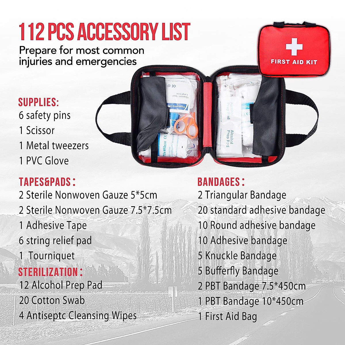 SlimK Small First Aid Kit for Car Travel & Outdoor Emergency Like Minor Cuts, Scratch, Burns & Sprain - 112 Pieces of Premium Sterile Emergency Kit First Aid Supplies - Compact & Lightweight Bag Red