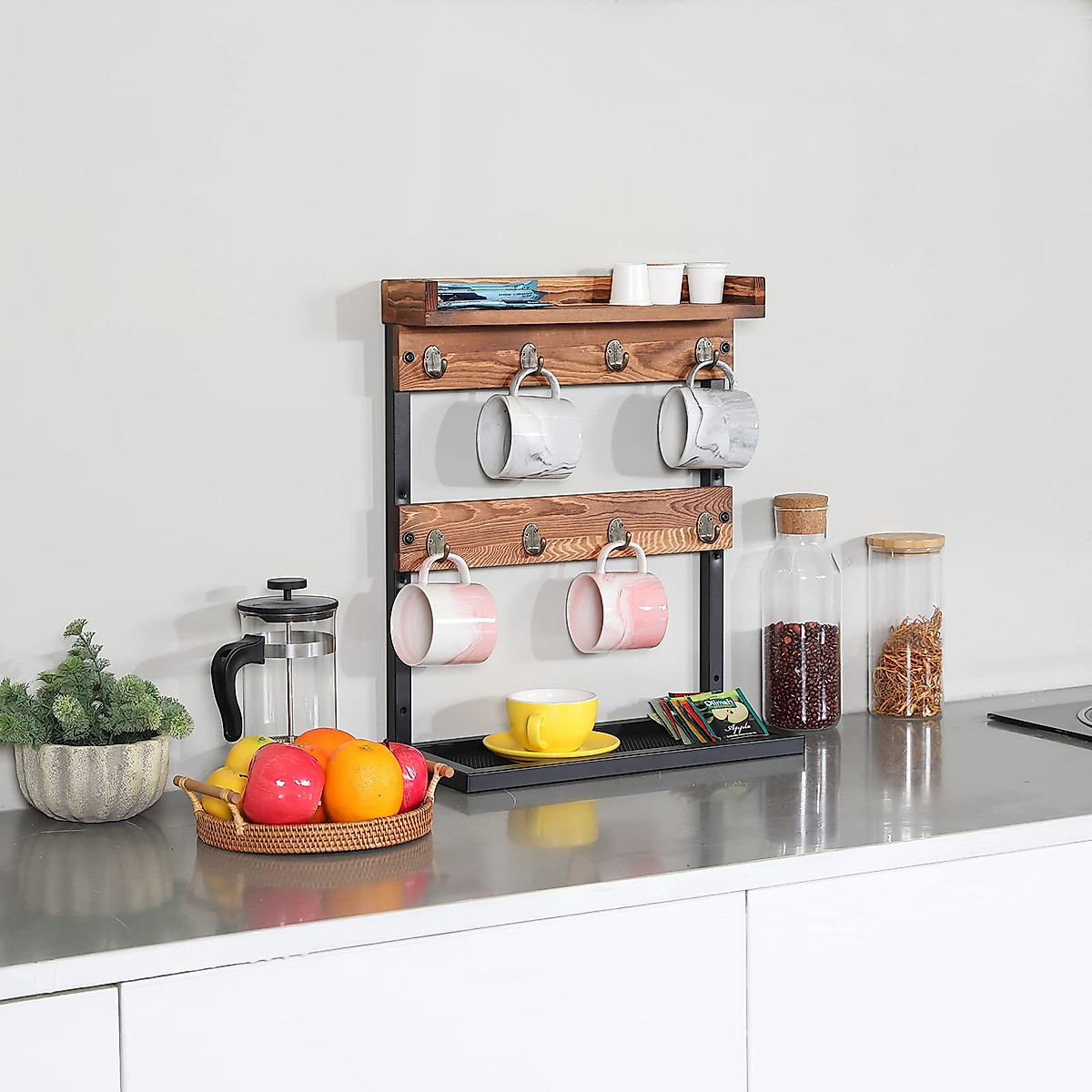 X-cosrack Countertop Coffee Mug Holder Rack 2 Tier Wall Mount Coffee Cup Holder Stand with 8 Hooks and Storage Shelf,Display Organizer Rack for Home Kitchen, Rustic Brown