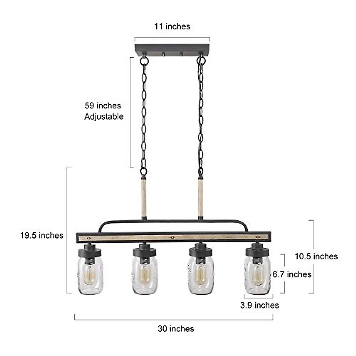 LOG BARN Rustic Mason Jar Lights, Farmhouse Chandelier Metal Finish with Glass Shades, Linear Hanging Pendant for Kitchen Island, Dining Room