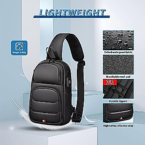 Fenree.geer Crossbody Sling Bag for Men Women, Anti-Theft Lightweight Small Backpack Shoulder Bag, Waterproof Men's Chest Bag for Travel Hiking Walking Biking Cycling USB Port, Black Casual Daypack