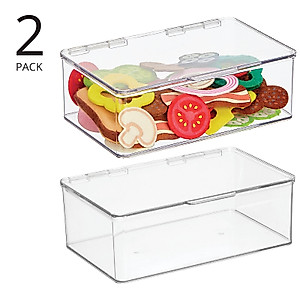 mDesign Plastic Playroom and Gaming Storage Organizer Box Containers with Hinged Lid for Shelves or Cubbies, Holds Small Toys, Building Blocks, Puzzles, Markers, Controllers, or Crayons, 2 Pack, Clear