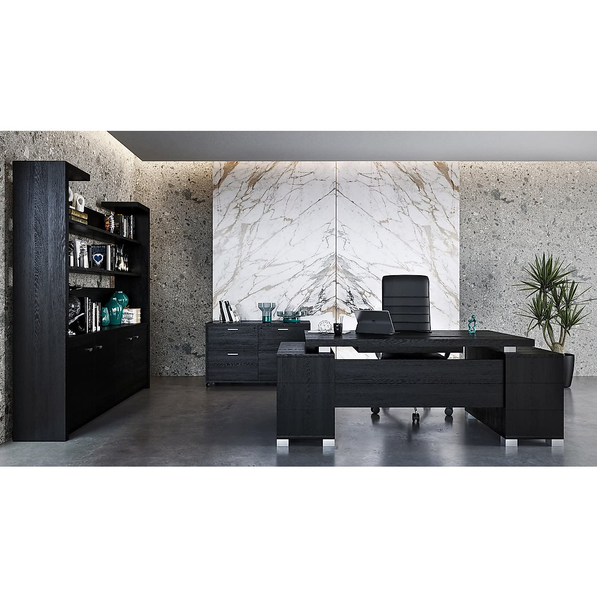 Zuri Furniture 79" Modern Ford Executive Desk with Filing Cabinets - Black Oak