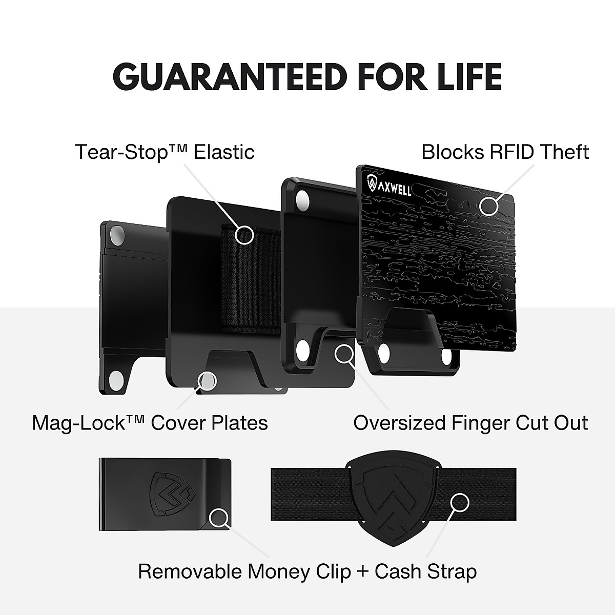 Axwell Damascus Steel Slim Minimalist Wallet For Men - RFID Blocking Front Pocket Card Holder - Tactical Metal Wallet with Money Clip and Cash Strap (Black Damascus)