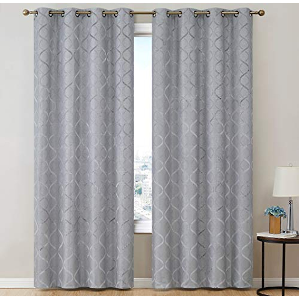 HLC.ME Versailles Lattice Flocked 100% Complete Blackout Thermal Insulated Window Curtain Grommet Panels - Energy Savings & Soundproof, For Living Room & Bedroom, Set of 2 (50 x 84 inches, Light Grey)
