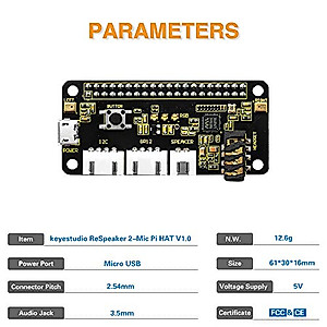 KEYESTUDIO ReSpeaker 2-Mic Pi HAT V1.0 for Raspberry Pi 4/4B, Raspberry Pi 3 3B+/2 2B